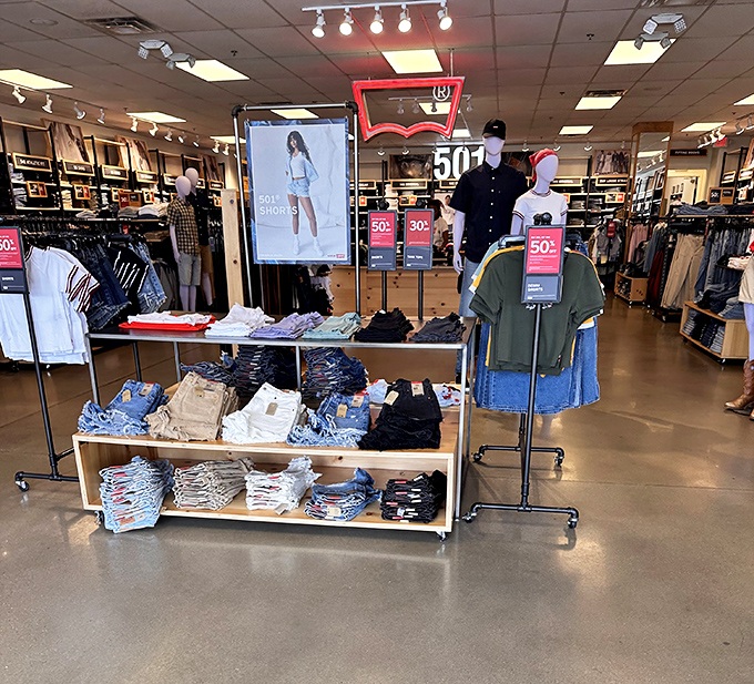 Levi's denim displayed with the reverence it deserves&mdash;American classic jeans at outlet prices make everyone feel like they've cracked some secret retail code.