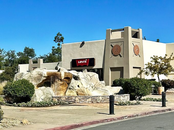 Levi's store nestled among natural rock formations, because nothing says "authentic American denim" quite like desert landscaping.