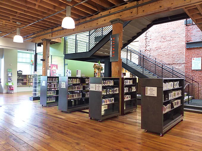 Lewiston City Library's modern interior preserves the past while embracing the future&mdash;exposed brick walls and wooden beams frame a community gathering space for all ages.