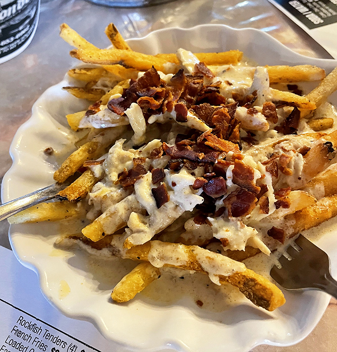 Loaded crabby fries—where French fries volunteered as the delivery system for crab, bacon, and cheese in perfect harmony.