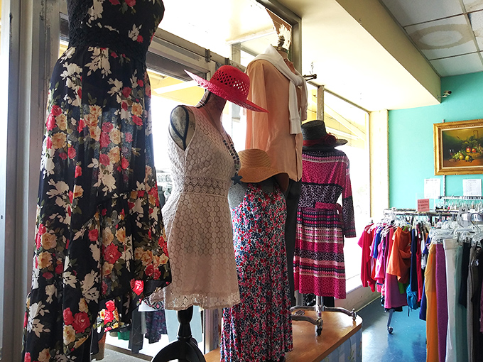 The dress display: where floral patterns from different decades compete for who can most convincingly say "I'm back in style again!"