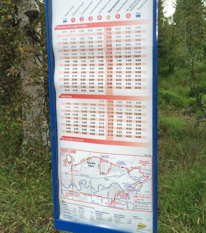 Navigation station&mdash;this transit schedule ensures no one misses the bus after loading up with market treasures.