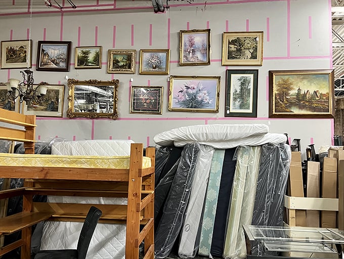 A gallery wall of landscapes above mattresses proves that even in your dreams, you can be surrounded by artistic vistas.