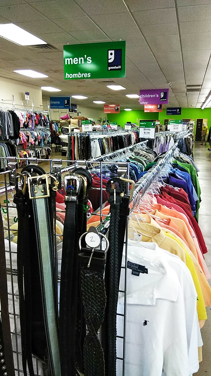 The men's department: where dress shirts and casual polos live in harmony, waiting for their chance at a second impression.