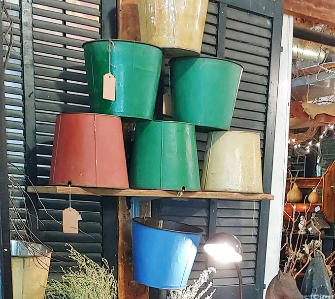 Colorful metal buckets that once carried farm essentials now stand ready for new lives as planters, ice buckets, or quirky storage solutions.