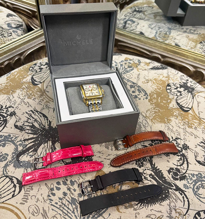 One watch, endless possibilities! This Michele timepiece with interchangeable straps transforms from boardroom-appropriate to brunch-ready in seconds.