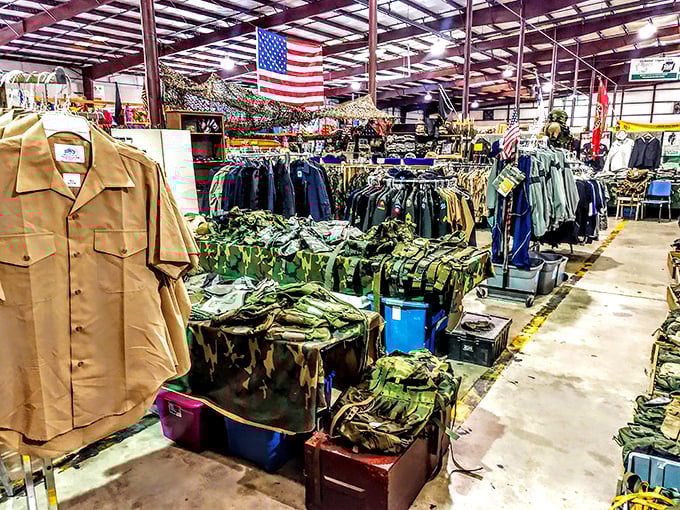 Military surplus section standing at attention—where civilian shoppers can acquire tactical gear without the basic training commitment.