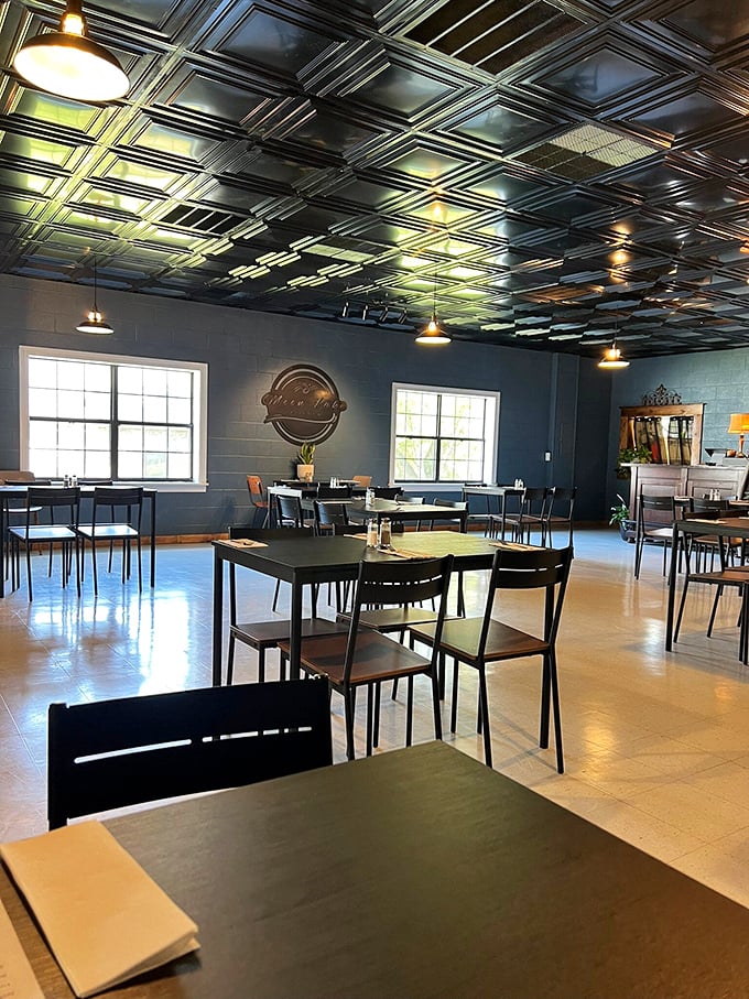 This sleek, modern restaurant interior with its distinctive ceiling proves Mentone isn't just about rustic charm. Mountain sophistication served alongside locally-inspired cuisine.
