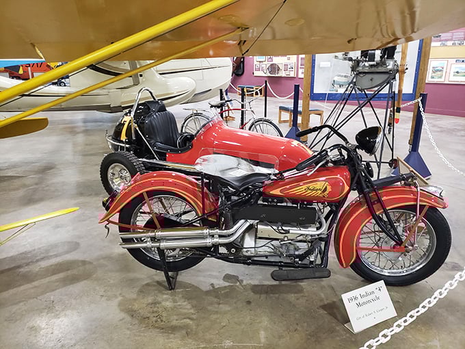This vintage Indian motorcycle proves the museum isn't just about things that fly. Two-wheeled treasures share space with their airborne cousins.