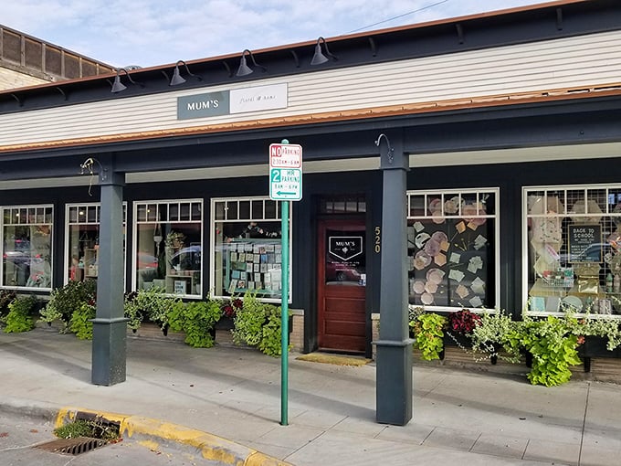 Mum's Flowers brings a touch of genteel charm to the sidewalk, with window displays that could tempt even the most dedicated outdoor adventurer inside.