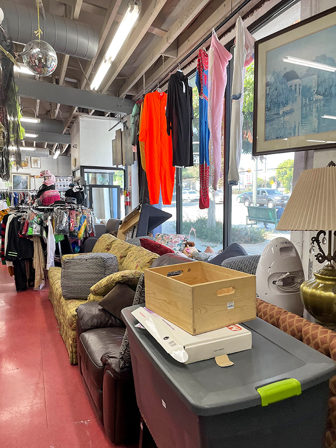 A cozy corner where vintage lamps illuminate potential living room makeovers. That yellow couch has "quirky sitcom apartment" written all over it.