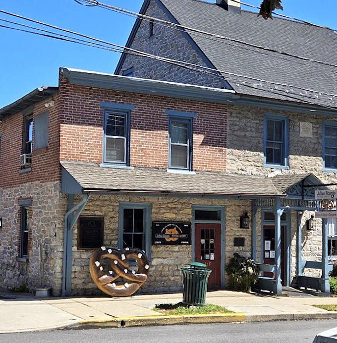 Another angle of America's pretzel paradise. The stone building has witnessed over 160 years of twisted history in charming Lititz.