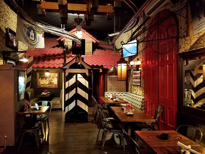 This dining area looks like it was designed by a spy with excellent taste. Note the checkpoint-style guard booth&mdash;a whimsical touch for your covert dining.