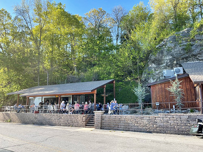 The outdoor patio offers al fresco dining with a side of geological wonder. Perfect for those "too nice to be inside" Missouri days.