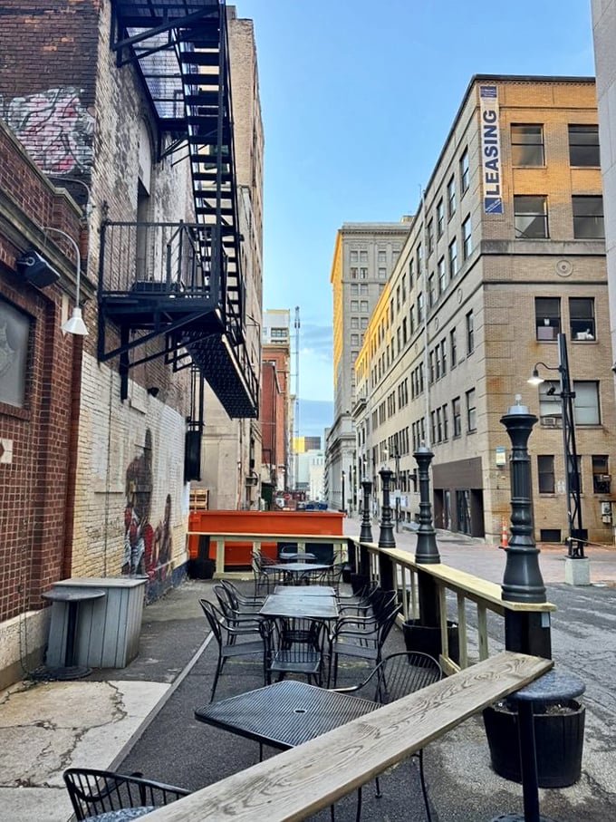 The alley patio offers urban dining with a side of Columbus sky &ndash; a secret garden for burger enthusiasts in the know.