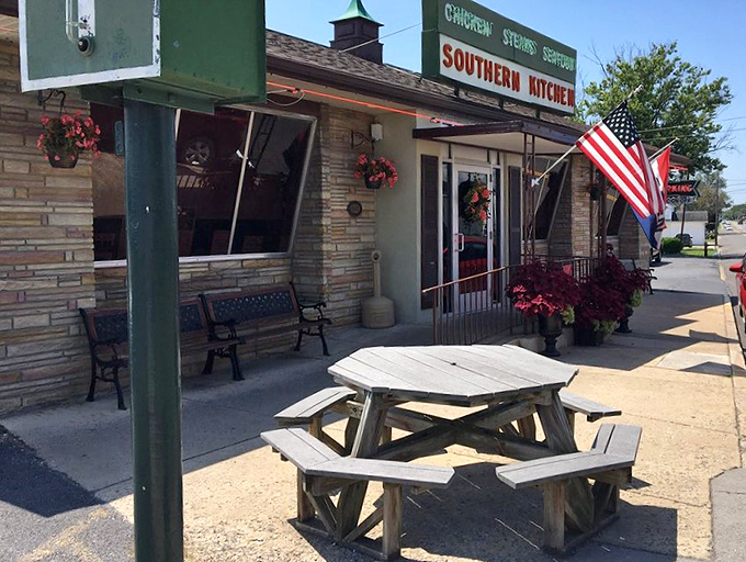 The outdoor picnic table offers al fresco dining with a side of small-town charm. American flag included at no extra charge.