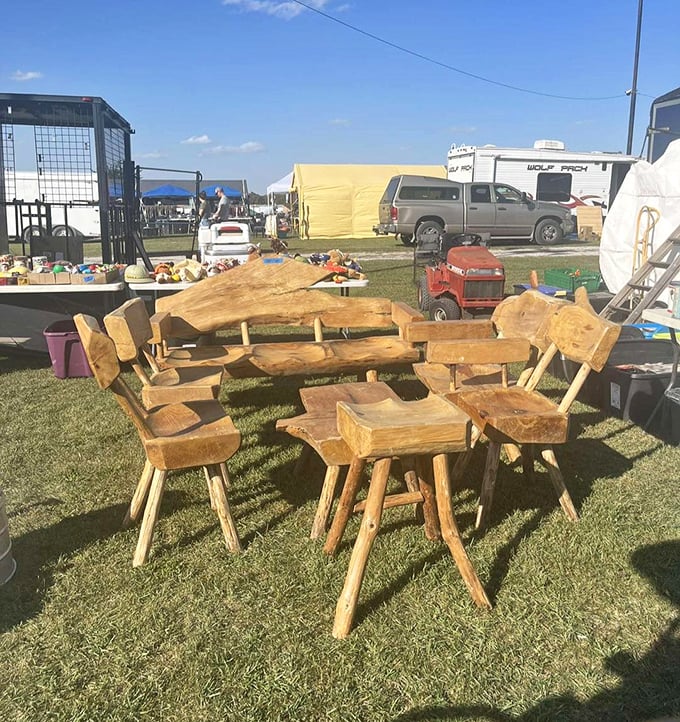 Rustic craftsmanship at its finest&mdash;this handmade wooden dining set looks like it was plucked straight from a fairy tale cottage in an enchanted forest.