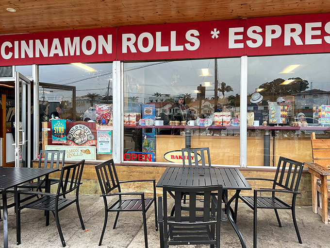 The outdoor seating area provides the perfect stage for the main event&mdash;enjoying your roll while watching the world of Pismo Beach stroll by.