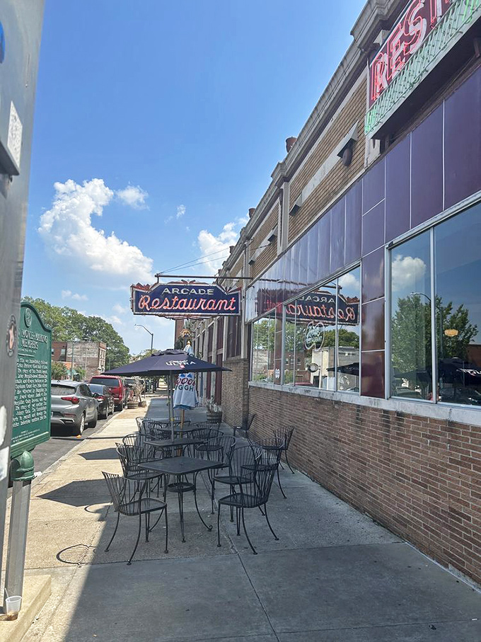 Sidewalk seating under Memphis skies offers the perfect perch for people-watching while savoring those famous sweet potato pancakes.