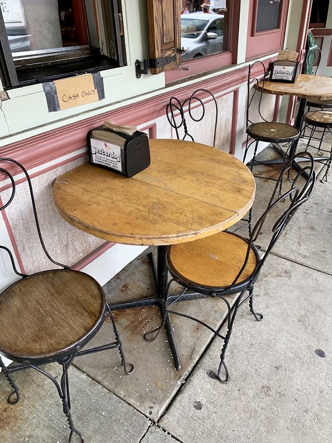 These ice cream parlor-style tables outside offer a moment of quiet contemplation before or after your transcendent hot dog experience.