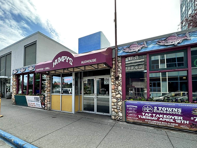 Downtown Anchorage provides the backdrop for this seafood sanctuary. The blue-glass building behind seems to be jealously eyeing what's on everyone's plates.