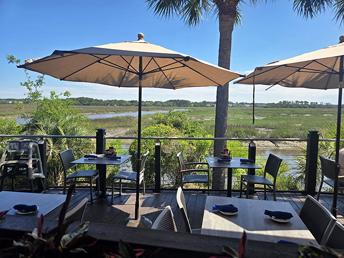 Outdoor dining with marsh views—nature's television program is all about tides, birds, and breathtaking horizons.