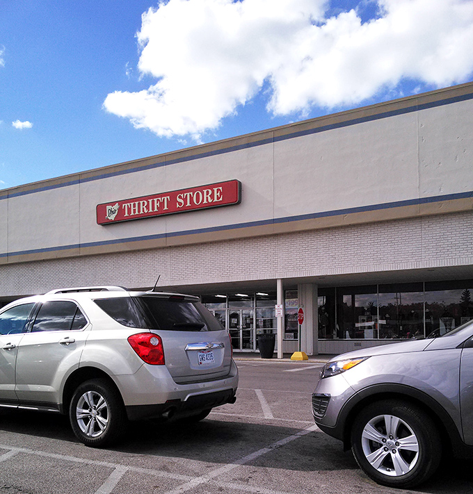 Blue skies frame the thrift store like nature's own endorsement&mdash;even the clouds seem to approve of sustainable shopping.