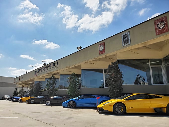 California sunshine highlighting a rainbow of automotive excellence. Each car costs more than most people's houses, but window shopping is free.