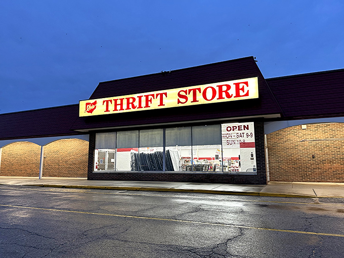 As dusk falls, the illuminated sign glows like a beacon for night owls seeking last-minute bargains before closing time.