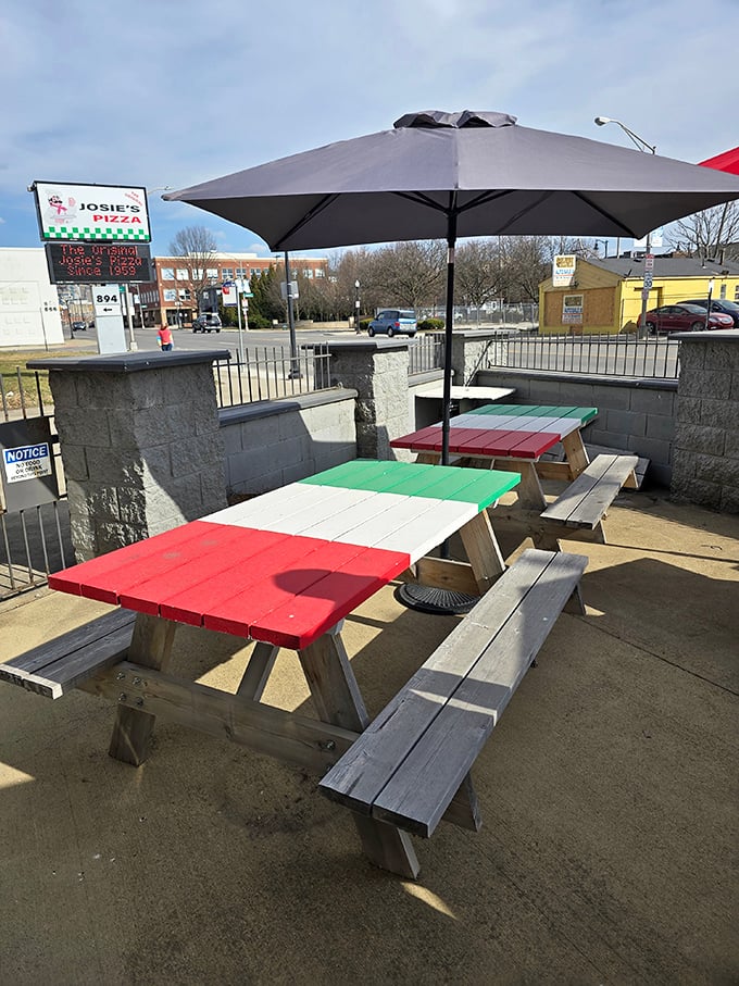 Picnic tables painted in Italian flag colors&mdash;because eating stromboli tastes even better with a side of fresh air and Ohio sunshine.