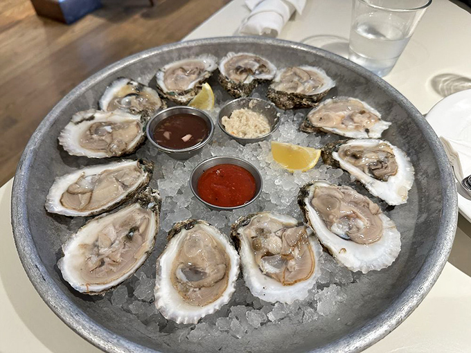 Chesapeake oysters on ice looking like they're ready for their magazine cover shoot&mdash;fresh doesn't begin to describe this.