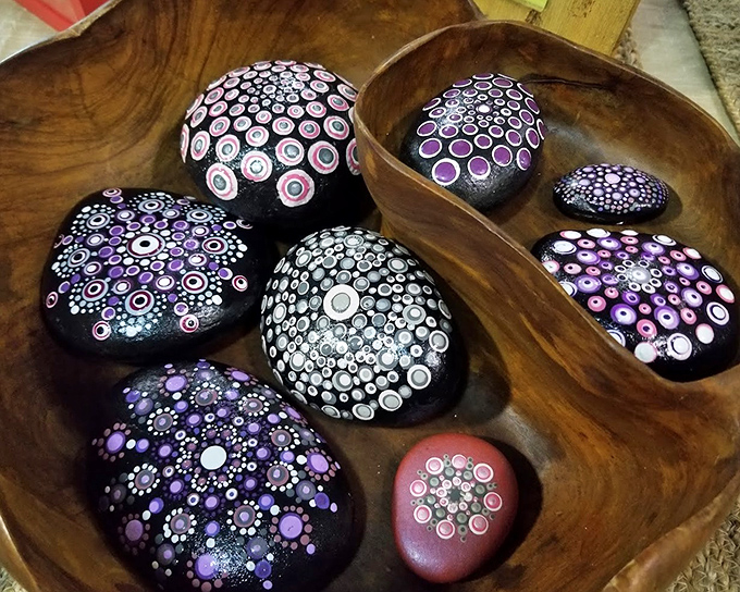 Mandala stones that merge hippie sensibilities with paperweight practicality. Zen and the art of keeping your electric bill from blowing away.