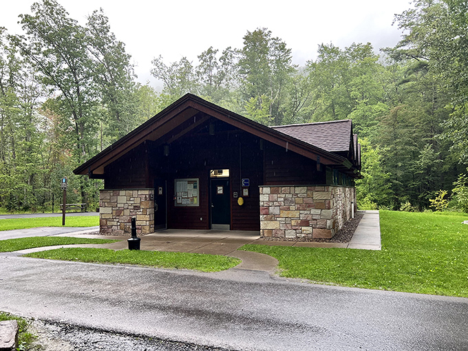 The park office stands ready to welcome visitors, its stone-and-timber construction blending harmoniously with the surrounding forest. Pennsylvania hospitality in architectural form.