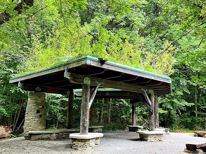 Parker Mill's rustic pavilion offers a peaceful retreat where nature provides the entertainment and stress simply melts away. 