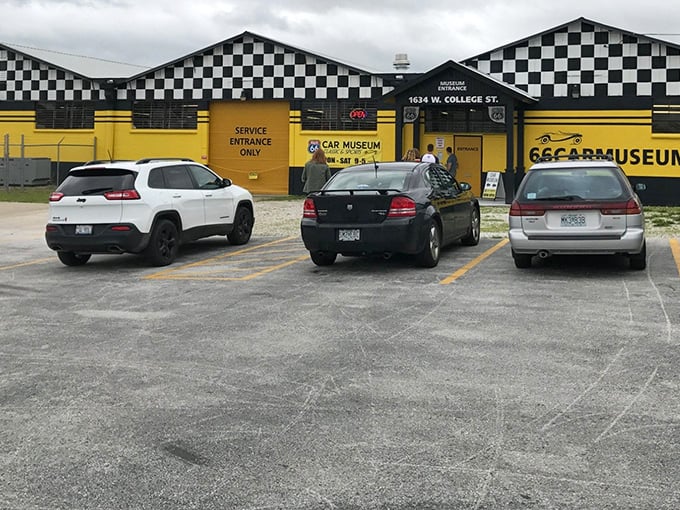 The museum's exterior shows its racing-inspired design, where even the parking lot feels like you're pulling into automotive paradise.