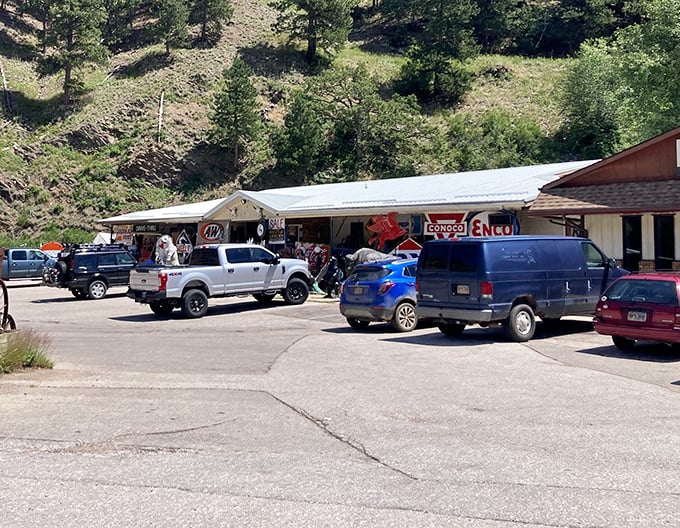 The parking lot&mdash;where modern vehicles wait while their owners time-travel inside. That red lobster sign is practically waving you in.
