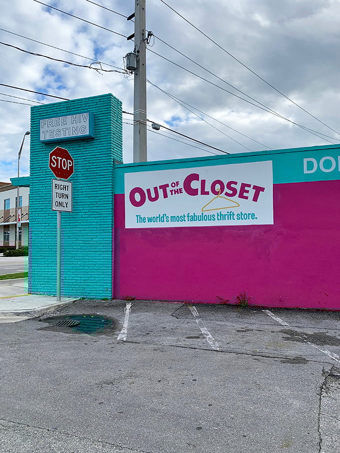 The sign says it all—shopping with purpose. Free HIV testing makes this more than just another colorful Florida storefront.