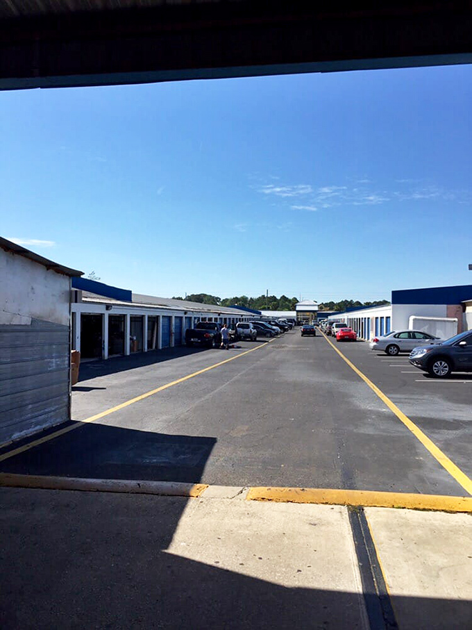 The calm before the bargain storm. This parking lot fills early with savvy shoppers who know the early bird catches the vintage vinyl.