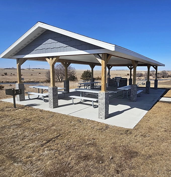 Picnic paradise! This pavilion offers shelter from summer sun while you refuel for your next hiking adventure among the ancient rocks.