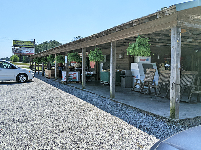 Peaches n' Cream's rustic porch setup proves the best produce doesn't need fancy displays&mdash;just a good rocking chair for sampling summer's bounty.