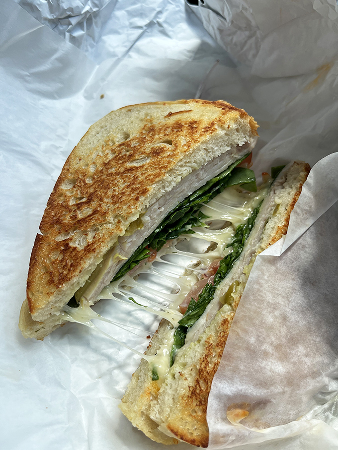 Behold, the Pesto Turkey Sandwich: This isn't just lunch; it's a stretchy, cheesy masterpiece! A true 'bread winner' in Tampa.