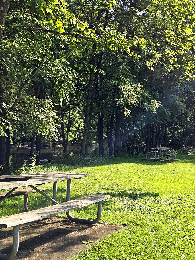 Picnic tables positioned for perfect creek-side dining. No reservations required, though the soundtrack of rushing water might make you want to stay forever.