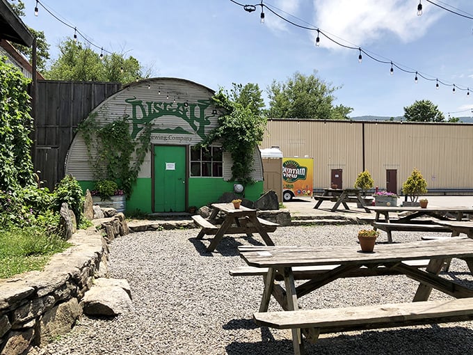 Pisgah Brewing's quirky green entrance proves great beer doesn't need fancy packaging. The best things come in humble buildings.