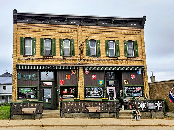 Puempel's Olde Tavern wears its heritage proudly with colorful Swiss canton shields decorating a fa&ccedil;ade that's welcomed thirsty travelers for generations.