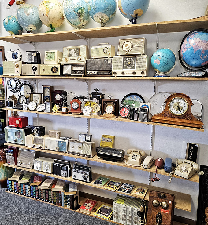 The radio and clock shelf is a time-traveling device itself, showcasing how we've marked minutes and received news across generations.