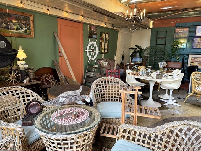 Wicker paradise where coastal Florida meets mid-century charm. These chairs have hosted countless conversations and cocktails.