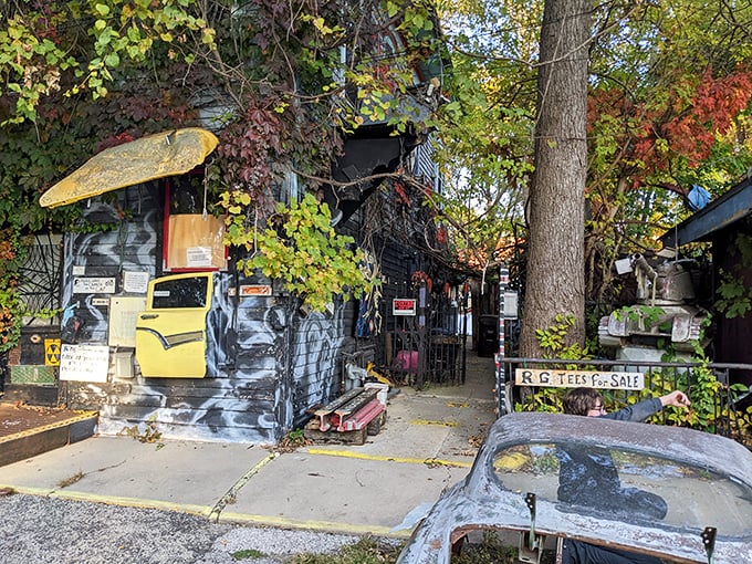 Raven's Grin Inn defies easy categorization&mdash;part haunted house, part folk art installation, all unforgettable. Even the car out front looks permanently spooked.
