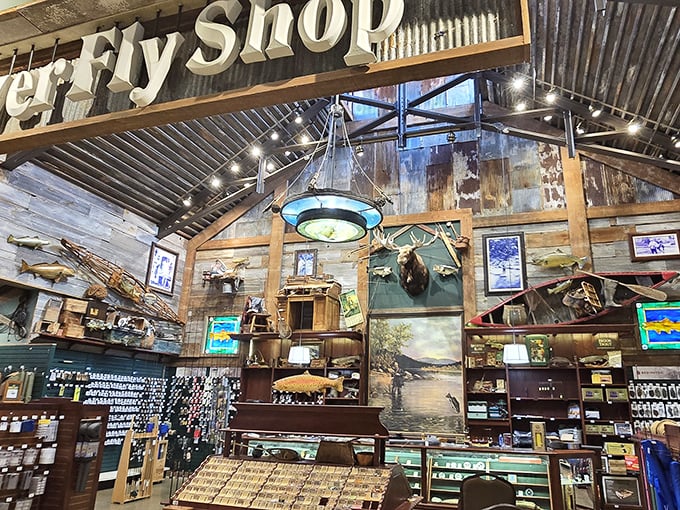 River Fly Shop delivers serious outdoorsman vibes with enough weathered wood to make every suburban dad feel temporarily rugged.