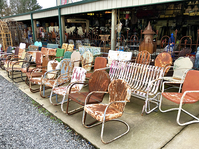 Rusty gold! These weathered metal lawn chairs aren't just seating&mdash;they're time machines to childhood summers at grandma's house.