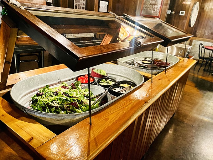A salad bar that's actually worth visiting before your steak arrives, not just a sad afterthought with wilted lettuce.